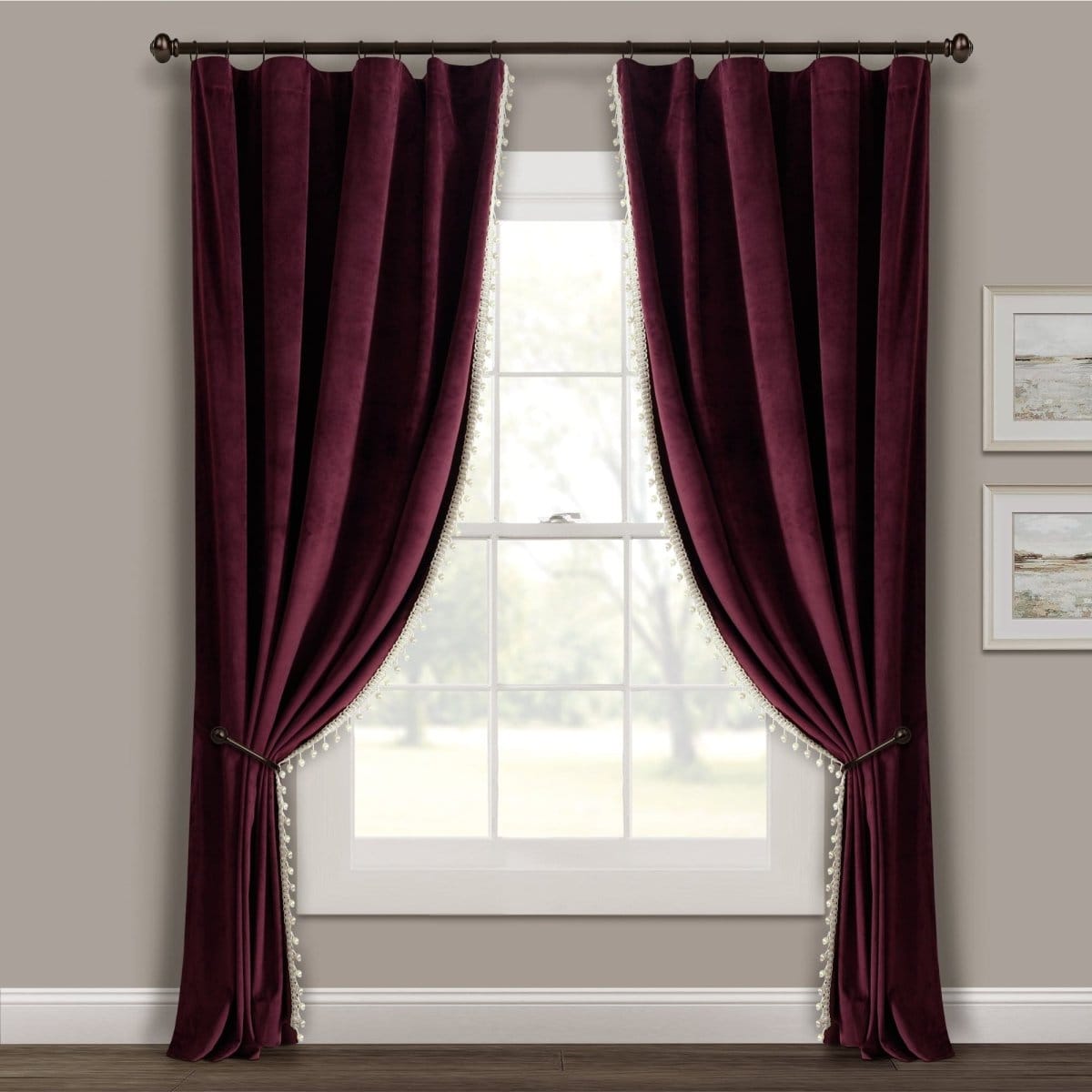 Luxury Vintage Velvet With Silky Pompom Trim Window Curtain Panel ...