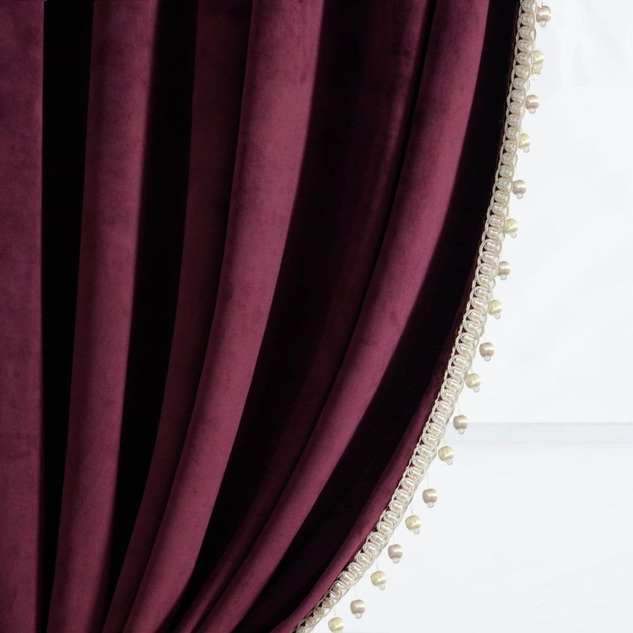 Luxury Vintage Velvet With Silky Pompom Trim Window Curtain Panel ...