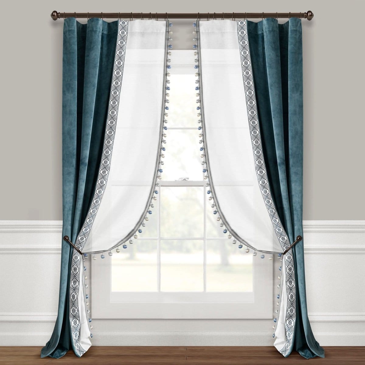 Luxury Vintage Velvet And Sheer With Border Pompom Trim Window Curtain ...
