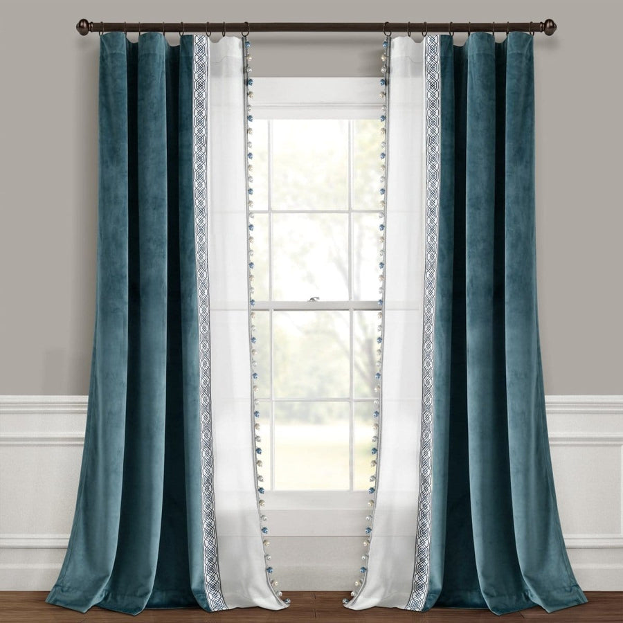 Luxury Vintage Velvet And Sheer With Border Pompom Trim Window Curtain ...