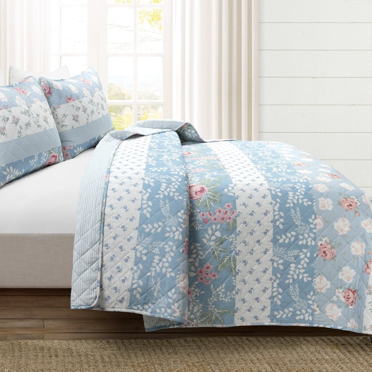 Cottagecore Flower Stripe Oversized Reversible Cotton Quilt 3 Piece Set ...