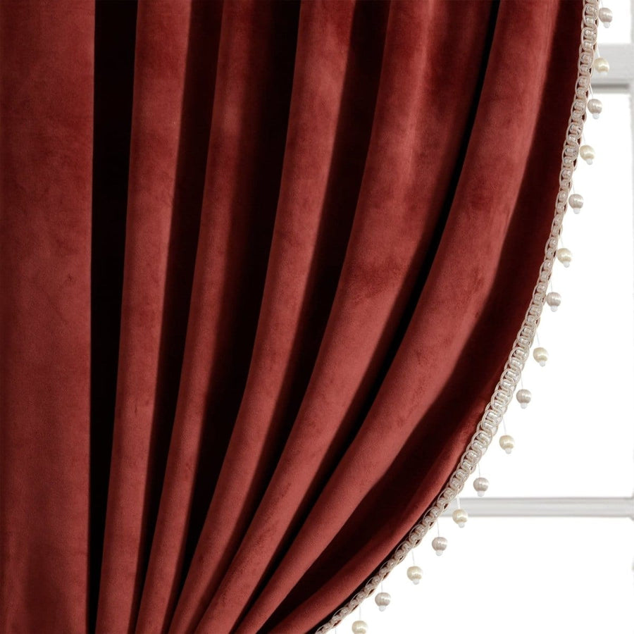 Luxury Vintage Velvet With Silky Pompom Trim Window Curtain Panel ...