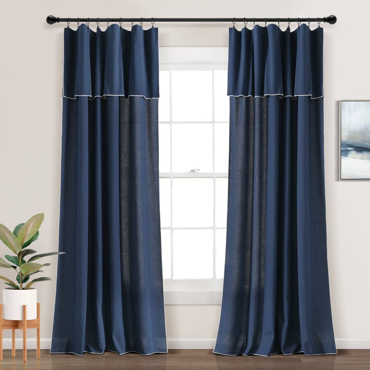 Modern Faux Linen Embroidered Edge With Attached Valance Window Curtain ...
