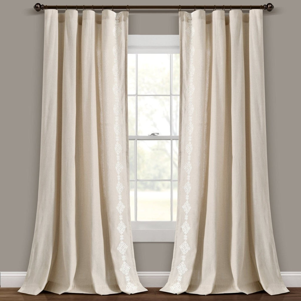 Luxury Modern Geo Linen Like Embroidery Border Window Curtain Panel ...
