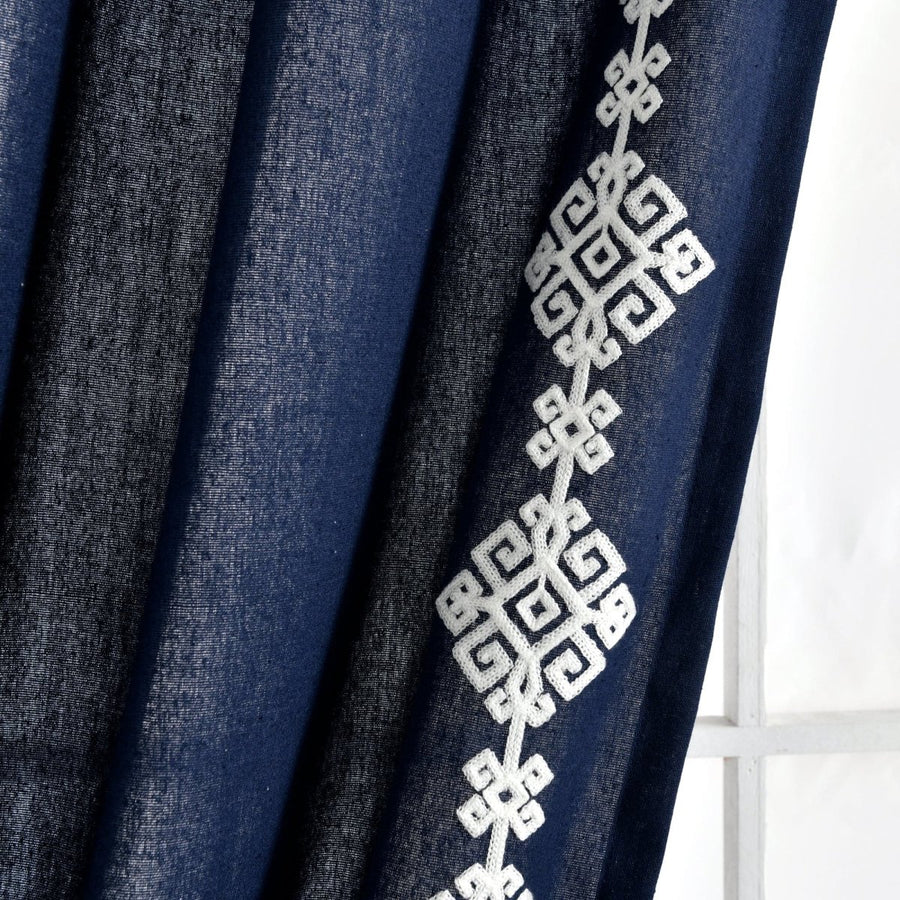 Luxury Modern Geo Linen Like Embroidery Border Window Curtain Panel ...