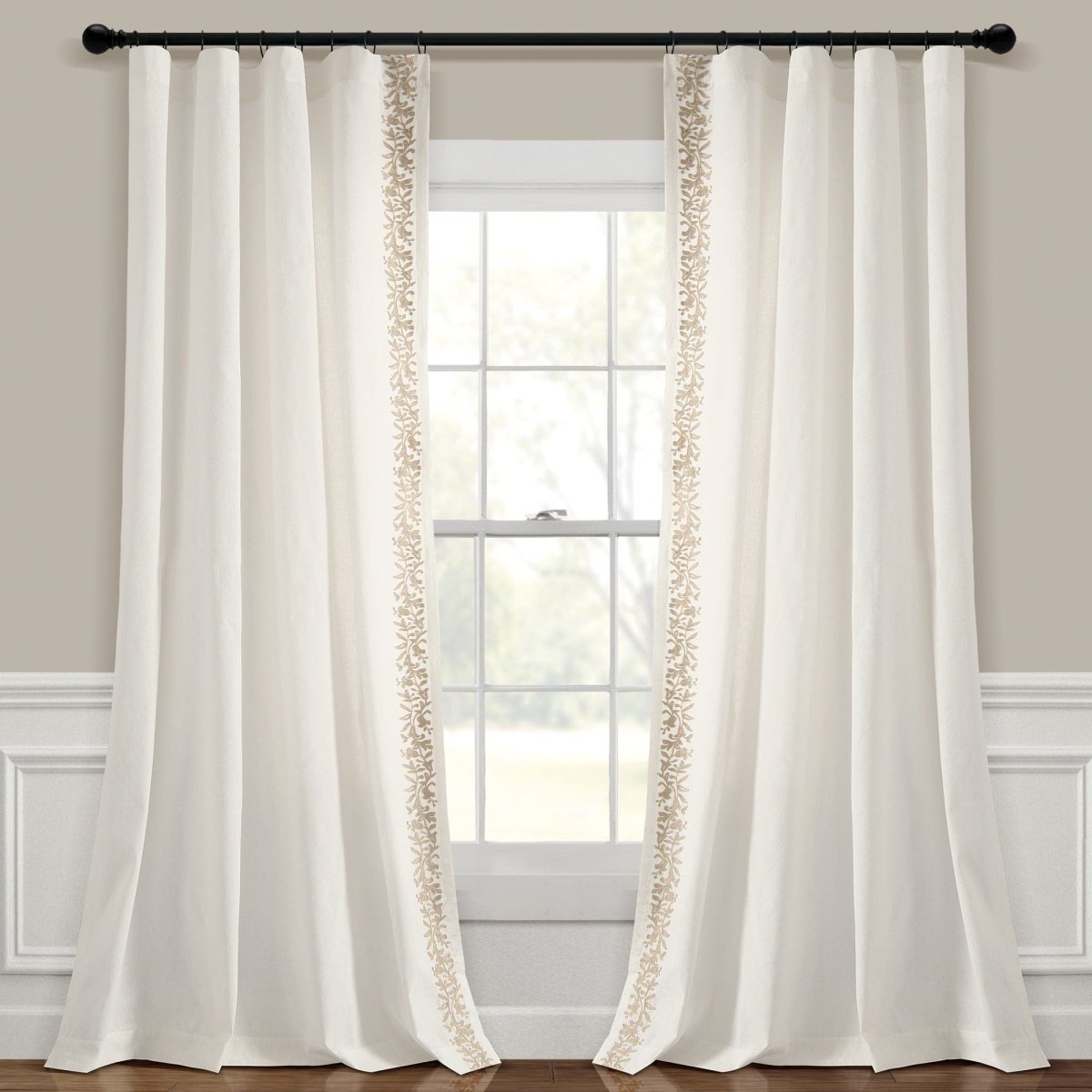 Luxury Modern Flower Faux Linen Embroidery Border Window Curtain Panel ...